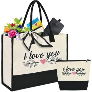 olsunor personalized i love you canvas beach bag monogram birthday gifts for women embroidery tote bag w makeup bag inner zipper pocket customized ribbon for women, mom, lover, friends, bridesmaids