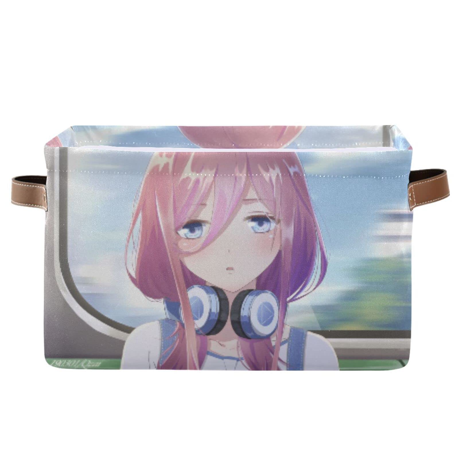 Kigai Pink Haired Anime Girl Foldable Storage Basket for Shelves, Collapsible Sturdy Storage Bin with Handles, Canvas Storage Cube for Organizing Closet 1PC