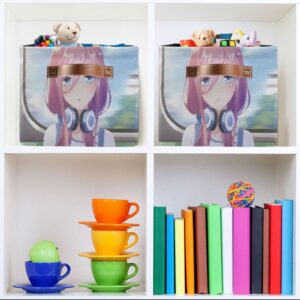 Kigai Pink Haired Anime Girl Foldable Storage Basket for Shelves, Collapsible Sturdy Storage Bin with Handles, Canvas Storage Cube for Organizing Closet 1PC