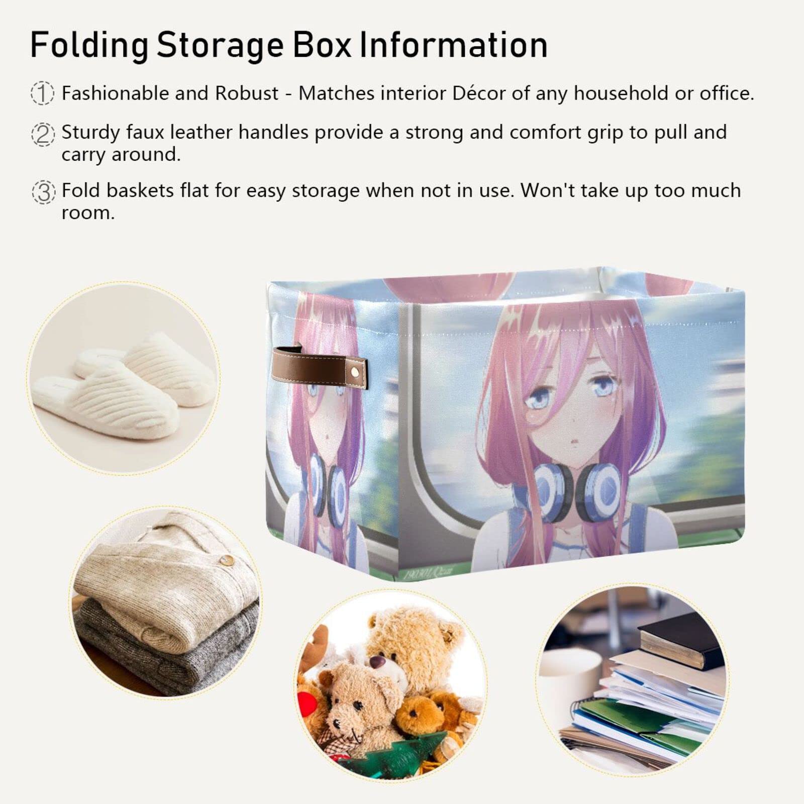 Kigai Pink Haired Anime Girl Foldable Storage Basket for Shelves, Collapsible Sturdy Storage Bin with Handles, Canvas Storage Cube for Organizing Closet 1PC