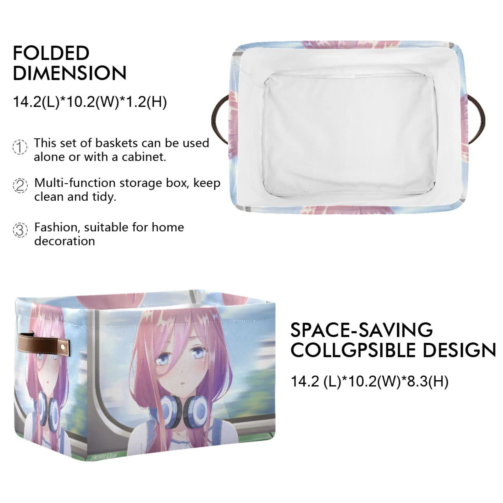 Kigai Pink Haired Anime Girl Foldable Storage Basket for Shelves, Collapsible Sturdy Storage Bin with Handles, Canvas Storage Cube for Organizing Closet 1PC