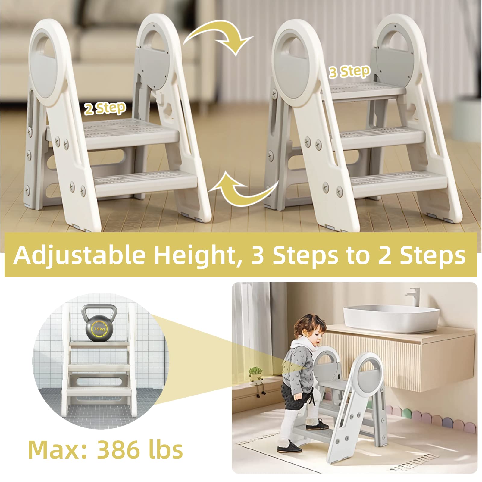 Nisorpa Toddler Step Stool, Kid’s 3 Step Ladder Foldable Toddler Helper Stool with Non-Slip Rubber Pads for Bathroom Sink Kitchen Counter Kids Toilet Potty Training (3 & 2 Step Adjustment)