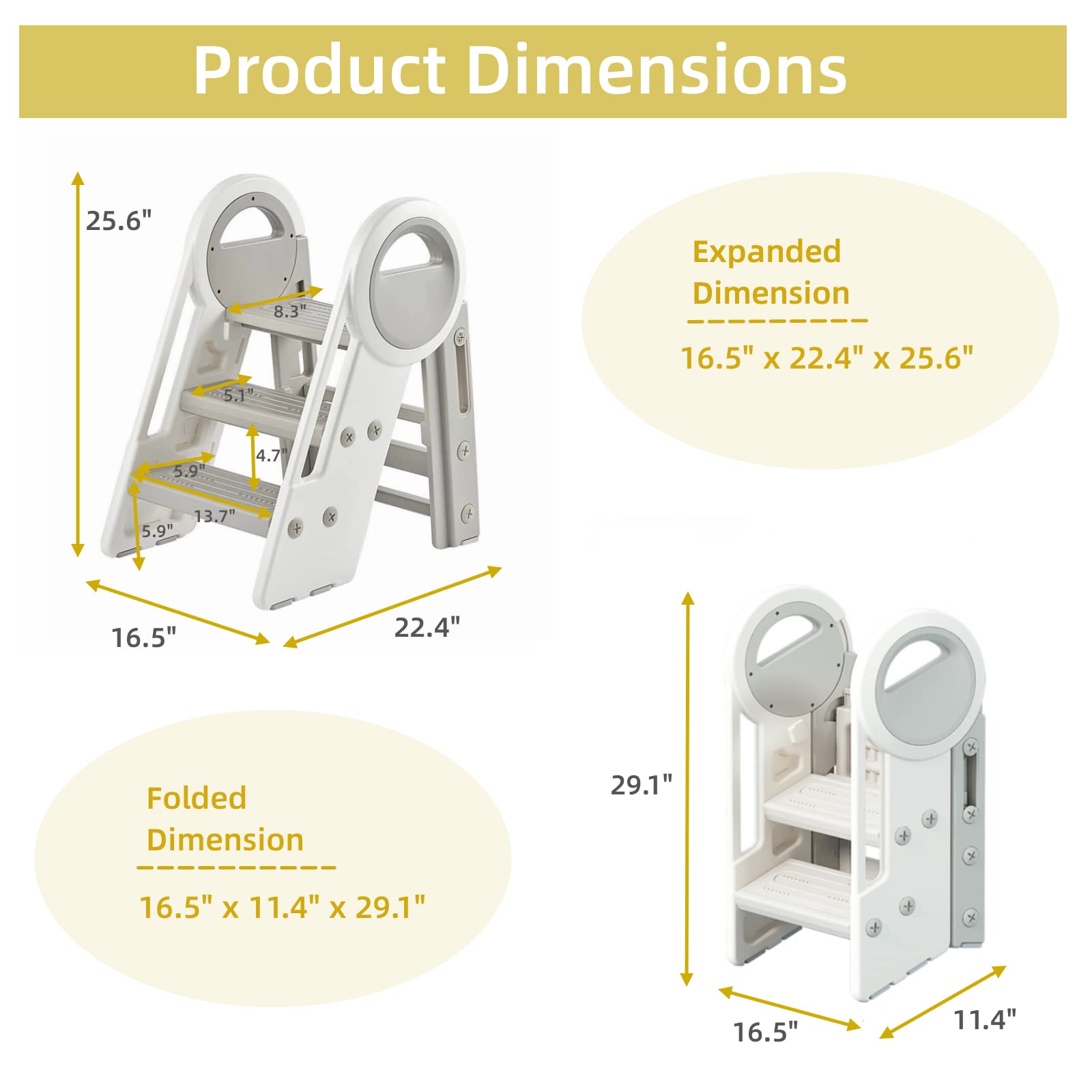 Nisorpa Toddler Step Stool, Kid’s 3 Step Ladder Foldable Toddler Helper Stool with Non-Slip Rubber Pads for Bathroom Sink Kitchen Counter Kids Toilet Potty Training (3 & 2 Step Adjustment)