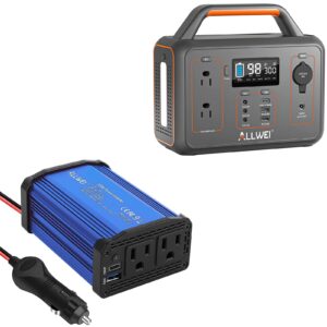 allwei 300w portable power station and 300w blue car power inverter, 280wh backup lithium battery, usb-c pd60w, 110v pure sine wave ac outlet, 78000mah solar power generator led light for camping