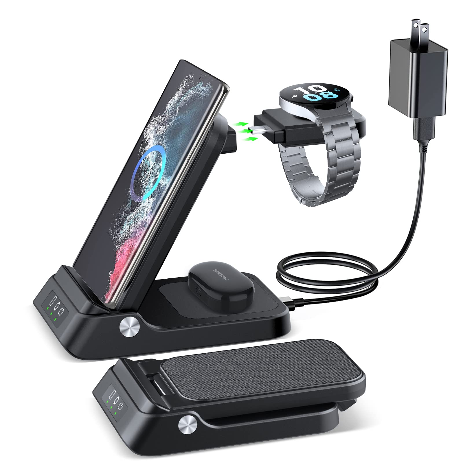 Wireless Charger for Samsung, RAUGEE Foldable 3 in 1 Fast Wireless Charging Station for Samsung Galaxy S24/24+/24 Ultra/S23 Ultra/S23+/S22/Z Fold/Flip 5/4/ Stand for Galaxy Watch 6/5/4/3