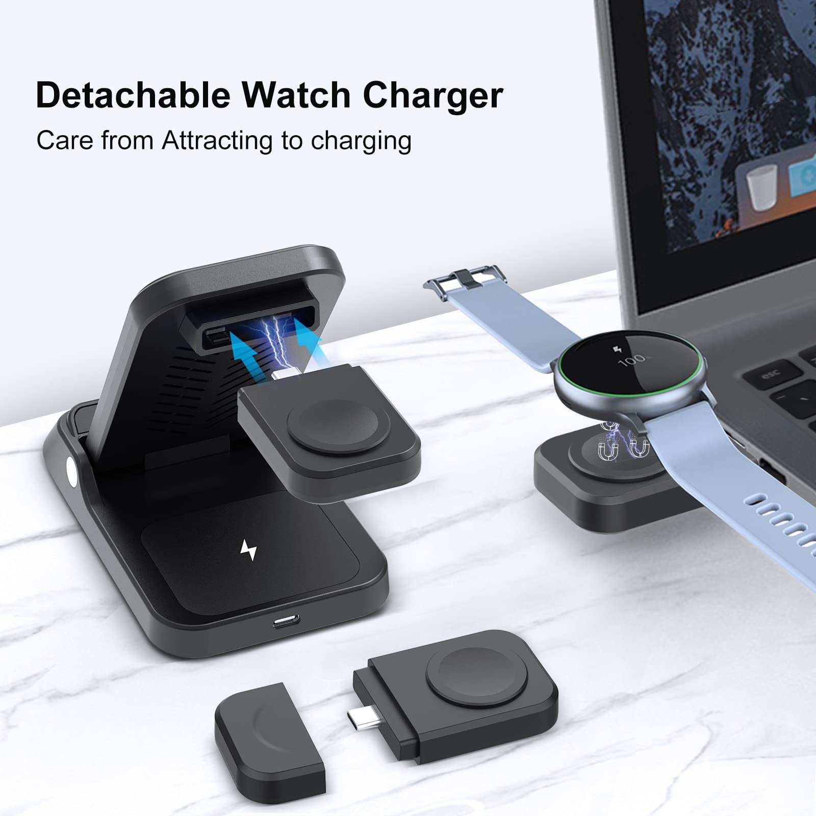 Wireless Charger for Samsung, RAUGEE Foldable 3 in 1 Fast Wireless Charging Station for Samsung Galaxy S24/24+/24 Ultra/S23 Ultra/S23+/S22/Z Fold/Flip 5/4/ Stand for Galaxy Watch 6/5/4/3