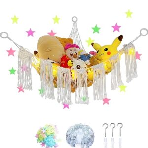 dorafo 53" stuff animals net or hammock - corner hanging net for stuffed animal with light & glow star stickers, doll organizer hammock hanging storage for bedroom. (heart)