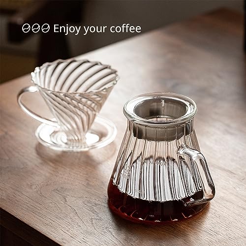 vandroop Pour Over Coffee Maker-V60 Glass Coffee Dripper with Handle and 600ml Coffee Server, Coffee Pour Over Set for Home&Office, 02 (Borosilicate Glass, 1-4 Cups)