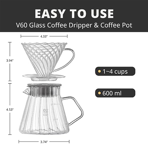 vandroop Pour Over Coffee Maker-V60 Glass Coffee Dripper with Handle and 600ml Coffee Server, Coffee Pour Over Set for Home&Office, 02 (Borosilicate Glass, 1-4 Cups)