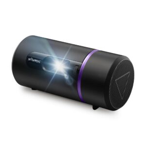 NOMVDIC R150 Mini Projector, Portable Battery Operated Projector with 4hrs of Playtime , Ceiling Projector with 90˚ Rotating Lens, 6W Harman Kardon Speaker, Auto Keystone