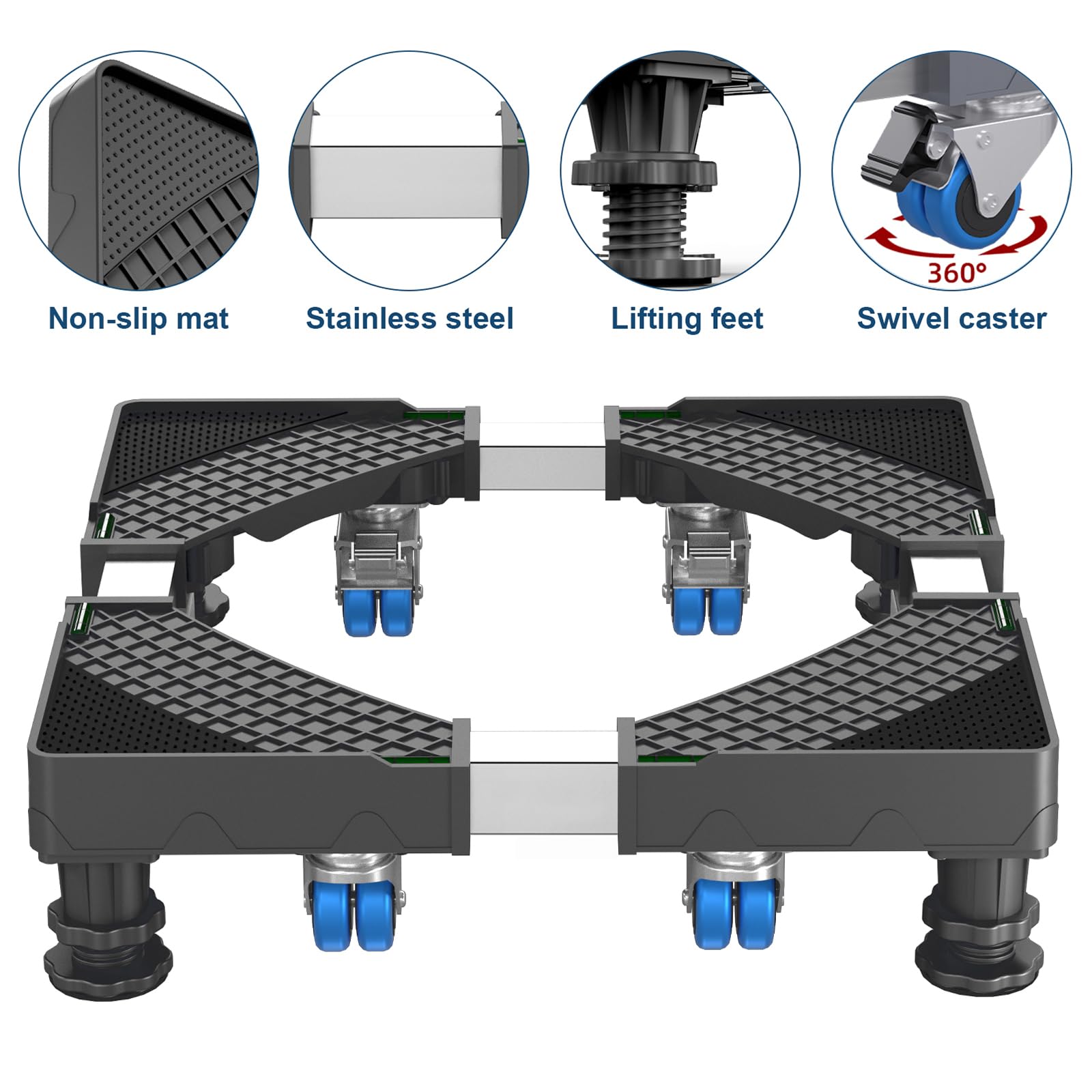 XHGMX Fridge Stand Mobile Base with 8 Locking Wheels and 4 Strong Feet 27.5"-35.4" Adjustable Dolly Washing Machine Stand Base, for Furniture Refrigerator Dryer Stand(Black)