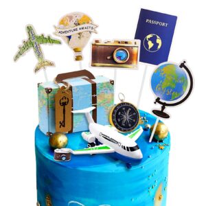 rismise travel theme cake toppers travel cake decoration adventure travel cake cupcake toppers airplane map camera heart mini suitcase cake decorations for adventure awaits travel themed party