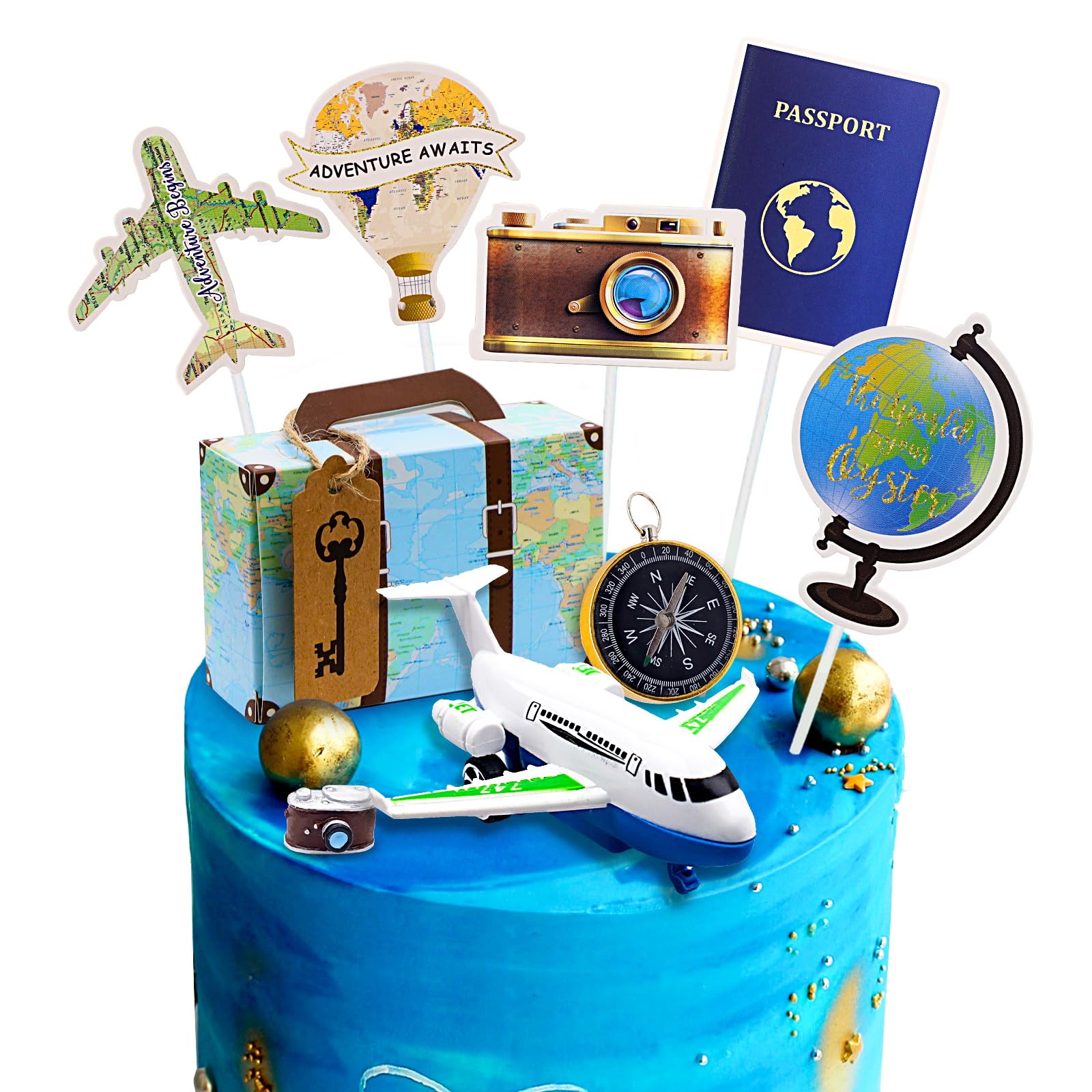 Rismise Travel Theme Cake Toppers Travel Cake Decoration Adventure Travel Cake Cupcake Toppers Airplane Map Camera Heart Mini Suitcase Cake Decorations for Adventure Awaits Travel Themed Party