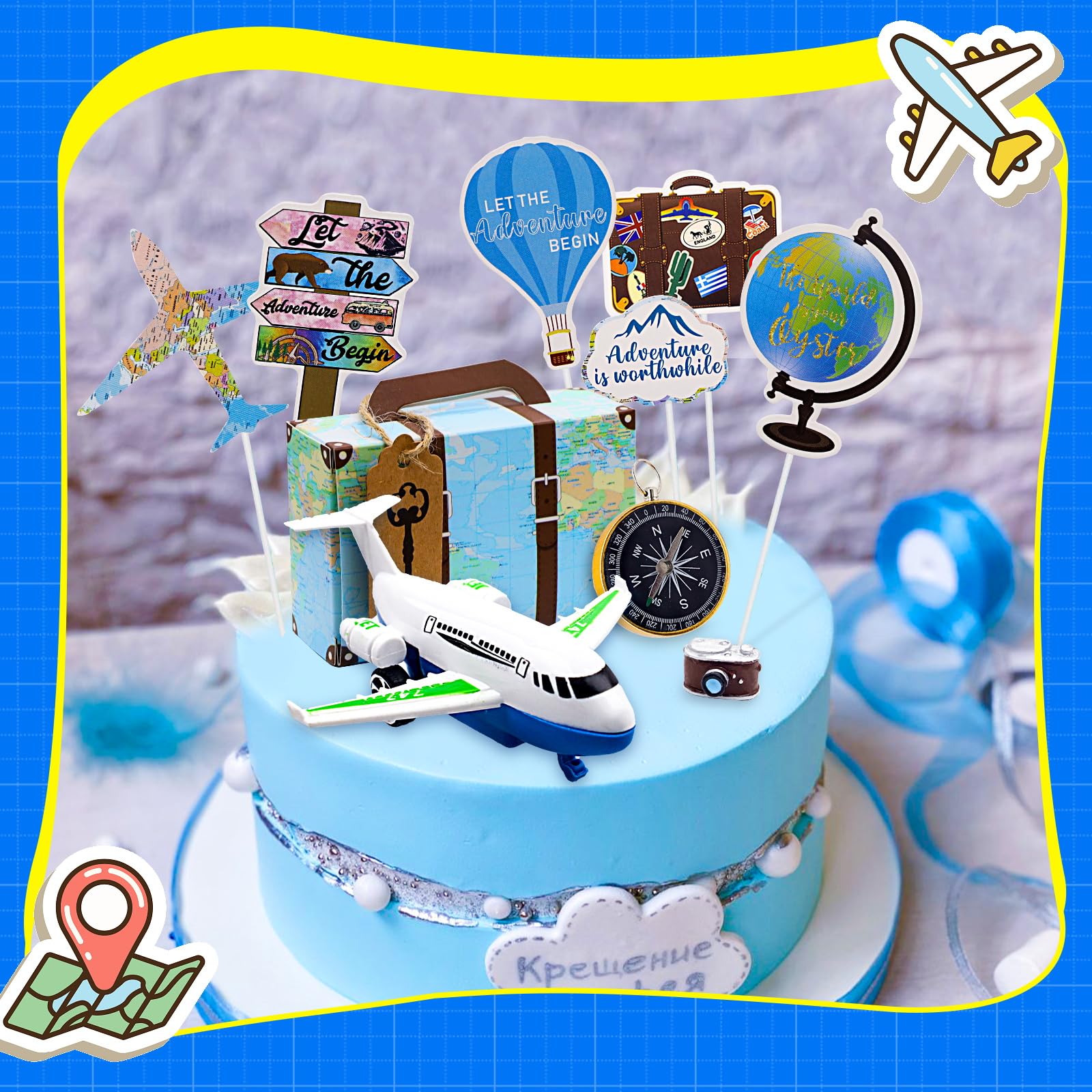 Rismise Travel Theme Cake Toppers Travel Cake Decoration Adventure Travel Cake Cupcake Toppers Airplane Map Camera Heart Mini Suitcase Cake Decorations for Adventure Awaits Travel Themed Party