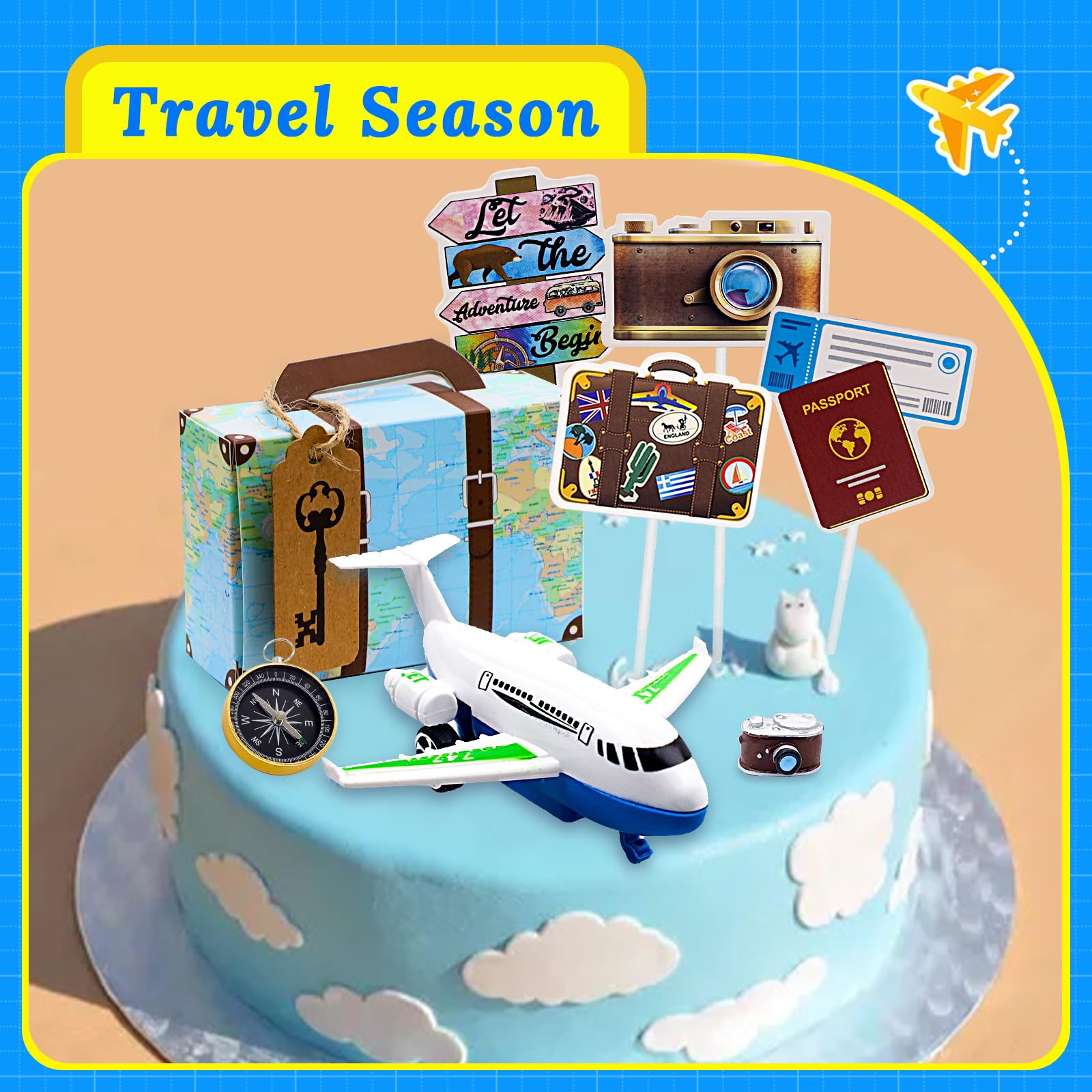 Rismise Travel Theme Cake Toppers Travel Cake Decoration Adventure Travel Cake Cupcake Toppers Airplane Map Camera Heart Mini Suitcase Cake Decorations for Adventure Awaits Travel Themed Party