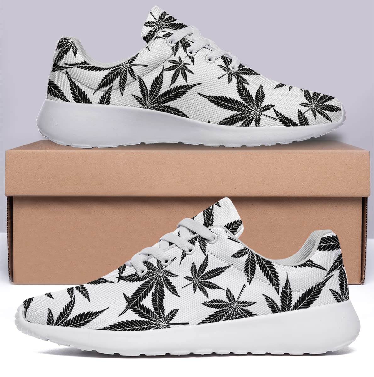 Unisex Marijuana Leaf Shoes Fashion Weed 420 Sneakers Mesh Walking Athletic Cannabis Shoes for Men Women White Size 6