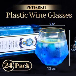 PETIARKIT 24 Pack Plastic Stemless Wine Glasses, Disposable Diamond Shaped Wine Glasses, 12Oz Plastic Whiskey Glasses for Parties, Birthdays, Housewarmings, Wedding (Gold Rim)