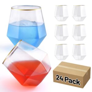 PETIARKIT 24 Pack Plastic Stemless Wine Glasses, Disposable Diamond Shaped Wine Glasses, 12Oz Plastic Whiskey Glasses for Parties, Birthdays, Housewarmings, Wedding (Gold Rim)