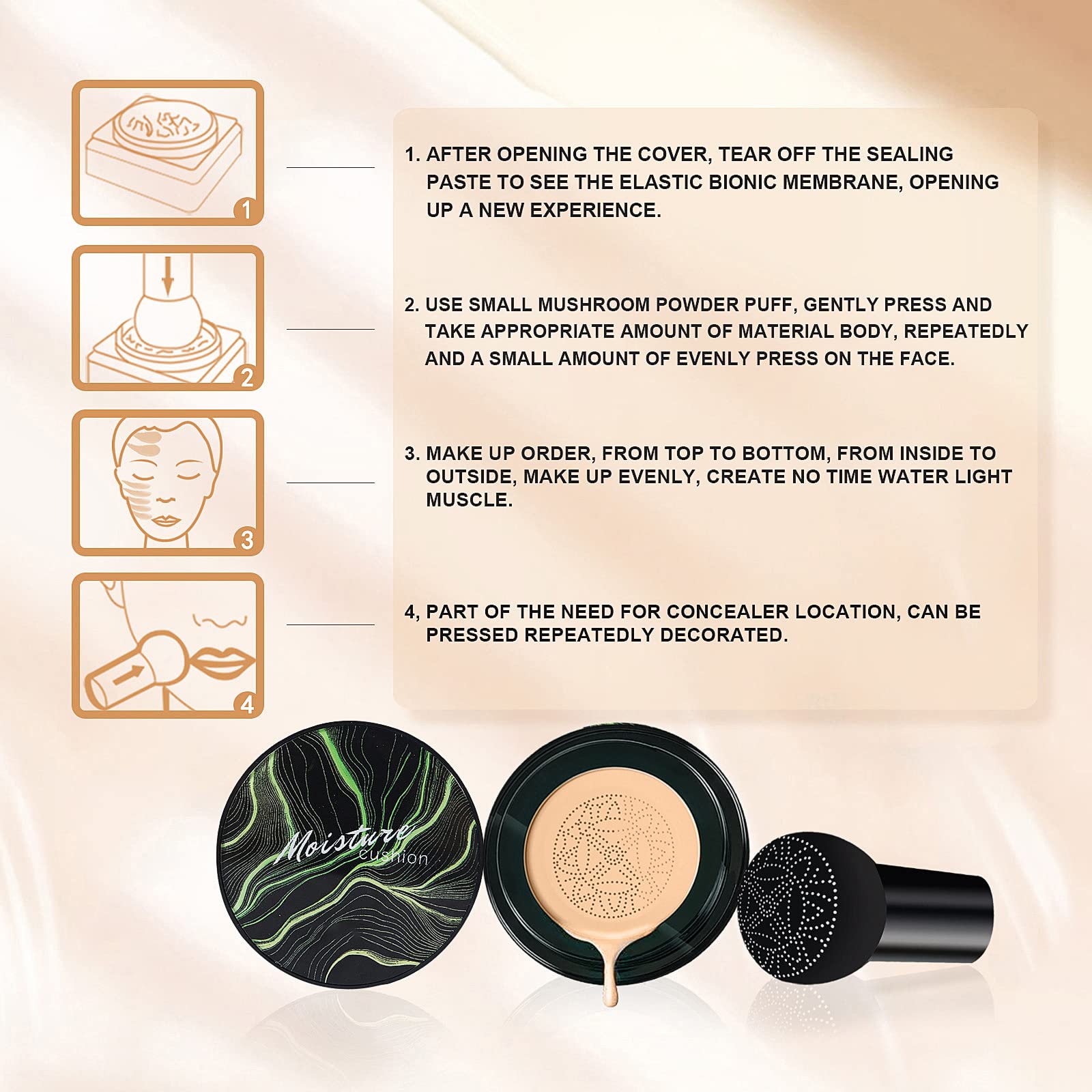 Mushroom Head Air Cushion CC Cream - BB Cream Foundation Makeup Moisturizing Concealer Long-Lasting, Cushion Foundation Full Coverage Self Adjusting for Mature Skin & All Skin Types (Natural)