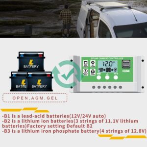 POWLSOJX 30A PWM 12V 24V Solar Charge Controllers with Multi-Protection & 5V USB Output Solar Panel Charger for Lead-Acid and Lithium Batteries