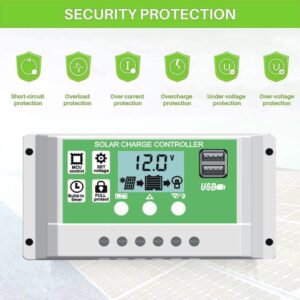 POWLSOJX 30A PWM 12V 24V Solar Charge Controllers with Multi-Protection & 5V USB Output Solar Panel Charger for Lead-Acid and Lithium Batteries