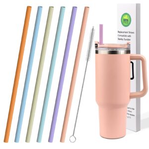 aiersa 6 pack pastel colors straw for 40oz stanley cup with handle,reusable silicone straws compatible stanley 20 30 40oz tumbler,long straw with cleaning brush for stanley cup accessories