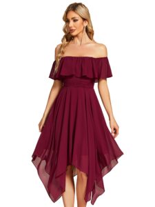 ever-pretty women's elegant off the shoulder asymmetric hem chiffon midi spring dresses for women burgundy us12