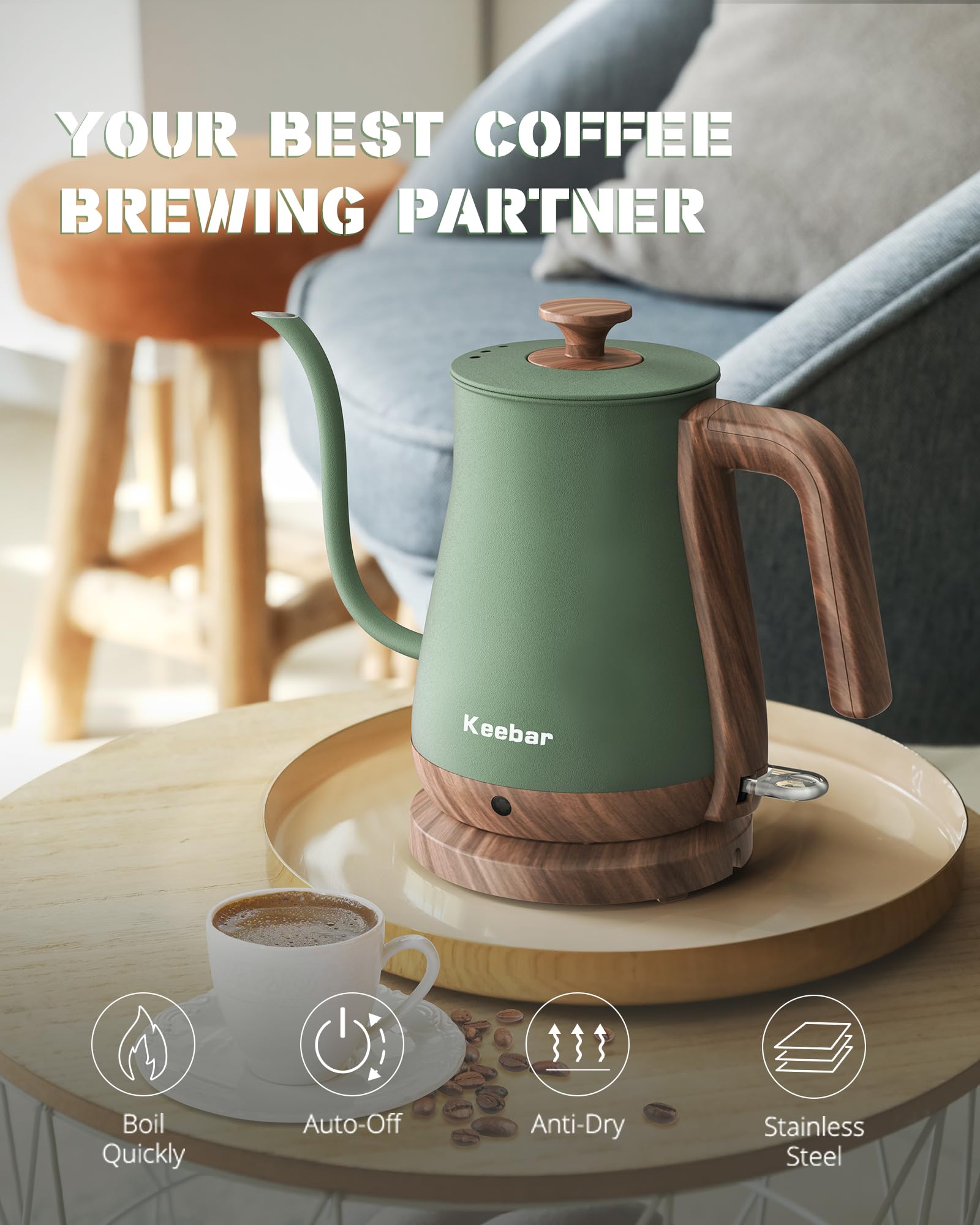 Keebar Gooseneck Electric Kettle, Electric Tea Kettle Stainless Steel, Pour over kettle for Coffee, 1000W Hot Water Kettle Electric Auto Shut Off, 0.8L, Wood-like Grain Finish Handle, Matcha Green