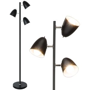 dllt tree floor lamp for living room, 3-light standing lamp, modern reading floor lamp with adjustable metal heads, black pole tall floor light for bedroom office, e26 base (led bulbs included)