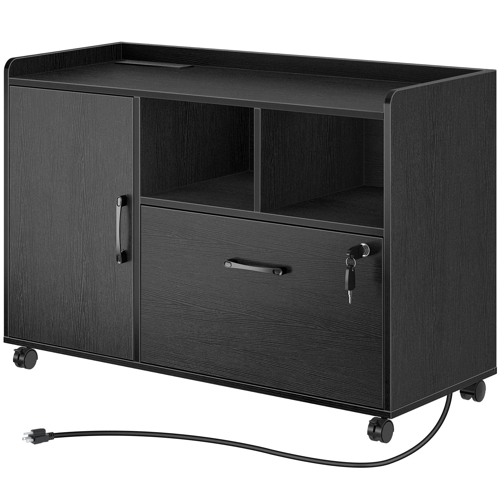 Rolanstar File Cabinet with Charging Station, Mobile Lateral Filing Cabinet with Locking Drawer, Printer Stand with Open Storage Shelf with Wheels, for Letter/Legal/A4 Size Files,Black