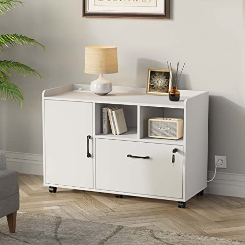 Rolanstar File Cabinet with Charging Station, Mobile Lateral Filing Cabinet with Locking Drawer, Printer Stand with Open Storage Shelf with Wheels, for Letter/Legal/A4 Size Files, White