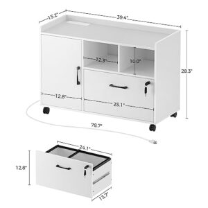 Rolanstar File Cabinet with Charging Station, Mobile Lateral Filing Cabinet with Locking Drawer, Printer Stand with Open Storage Shelf with Wheels, for Letter/Legal/A4 Size Files, White