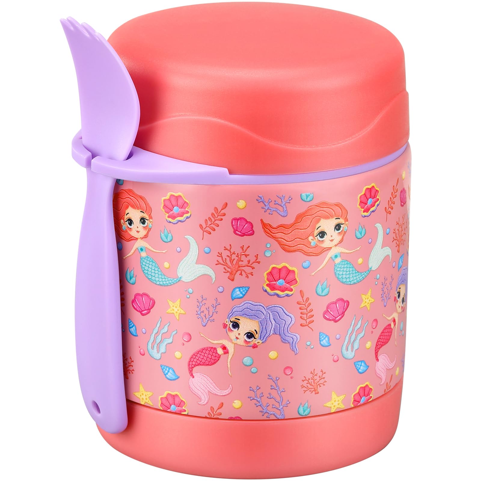 10oz Insulated Soup Thermo for Kids - Leakproof Stainless Steel Food Jar With Spoon for School Lunches (Pink Mermaid)