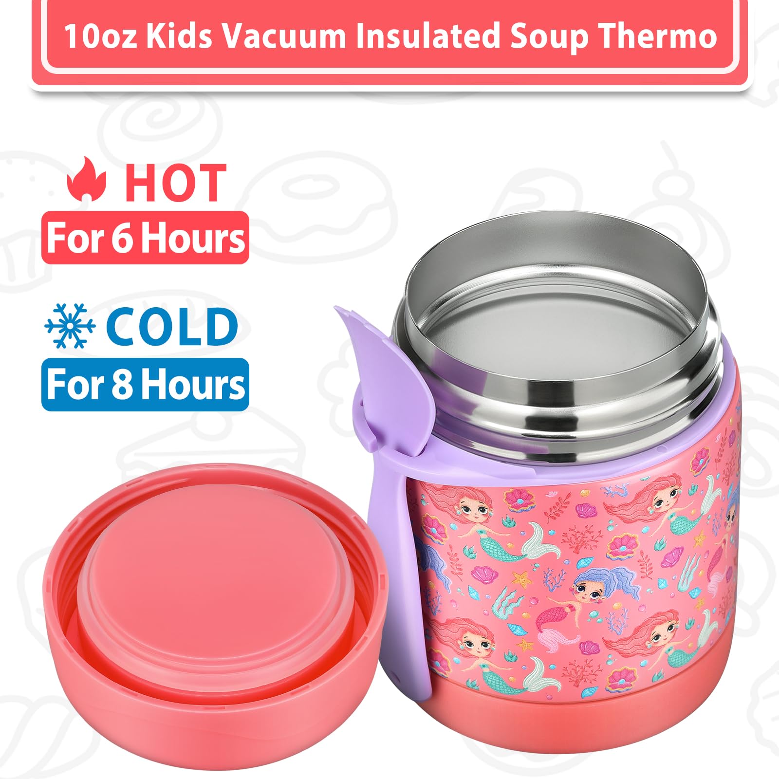 10oz Insulated Soup Thermo for Kids - Leakproof Stainless Steel Food Jar With Spoon for School Lunches (Pink Mermaid)