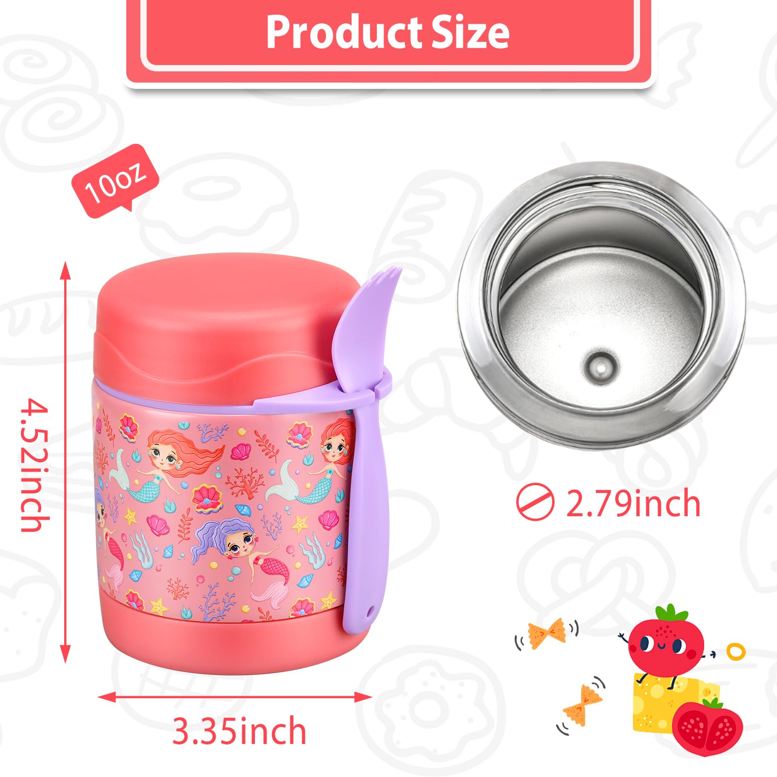 10oz Insulated Soup Thermo for Kids - Leakproof Stainless Steel Food Jar With Spoon for School Lunches (Pink Mermaid)