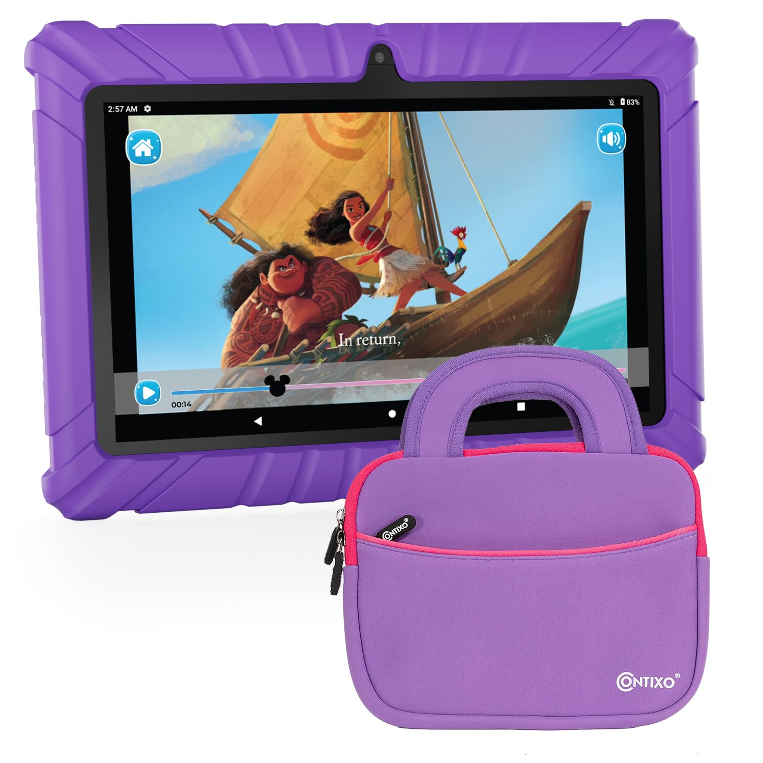 Contixo Kids Tablet, V8 Tablet for Kids and Tablet Sleeve Bag Bundle, 7” Toddler Tablet, 2GB+32GB Android 11 Tablet with Case, Learning Games Included, Parental Control Family Link - Purple