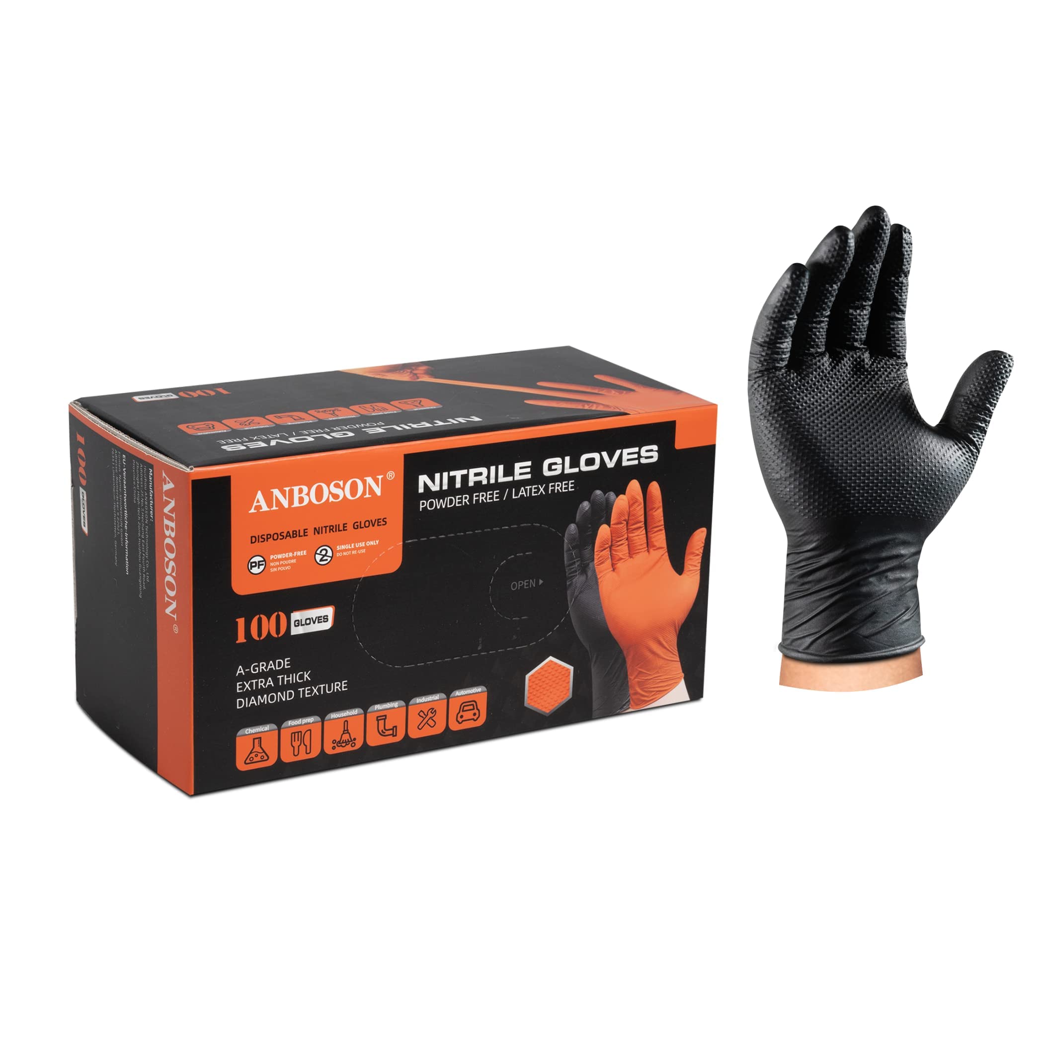 ANBOSON 10mil Nitrile-Gloves Disposable-Black Chemical-Resistant Rubber - Mechanic Gloves Heavy Duty, Latex Free, Diamond Grip (100, Large)