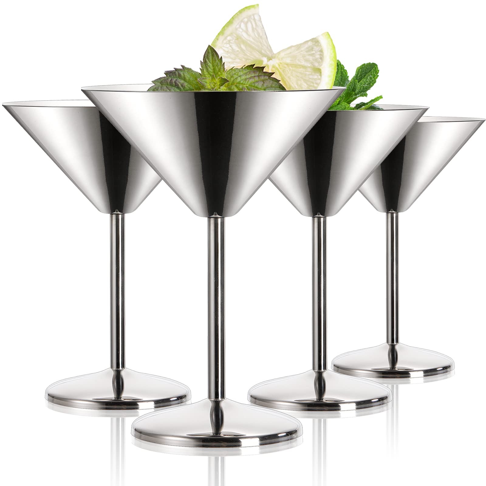 Peohud 4 Pack Stainless Steel Martini Glasses, 8 Oz Unbreakable Cocktail Glasses for Margarita, Manhattan, Champagne, Bar, Party, 18/8 Mirror Polished Finish, Shatterproof