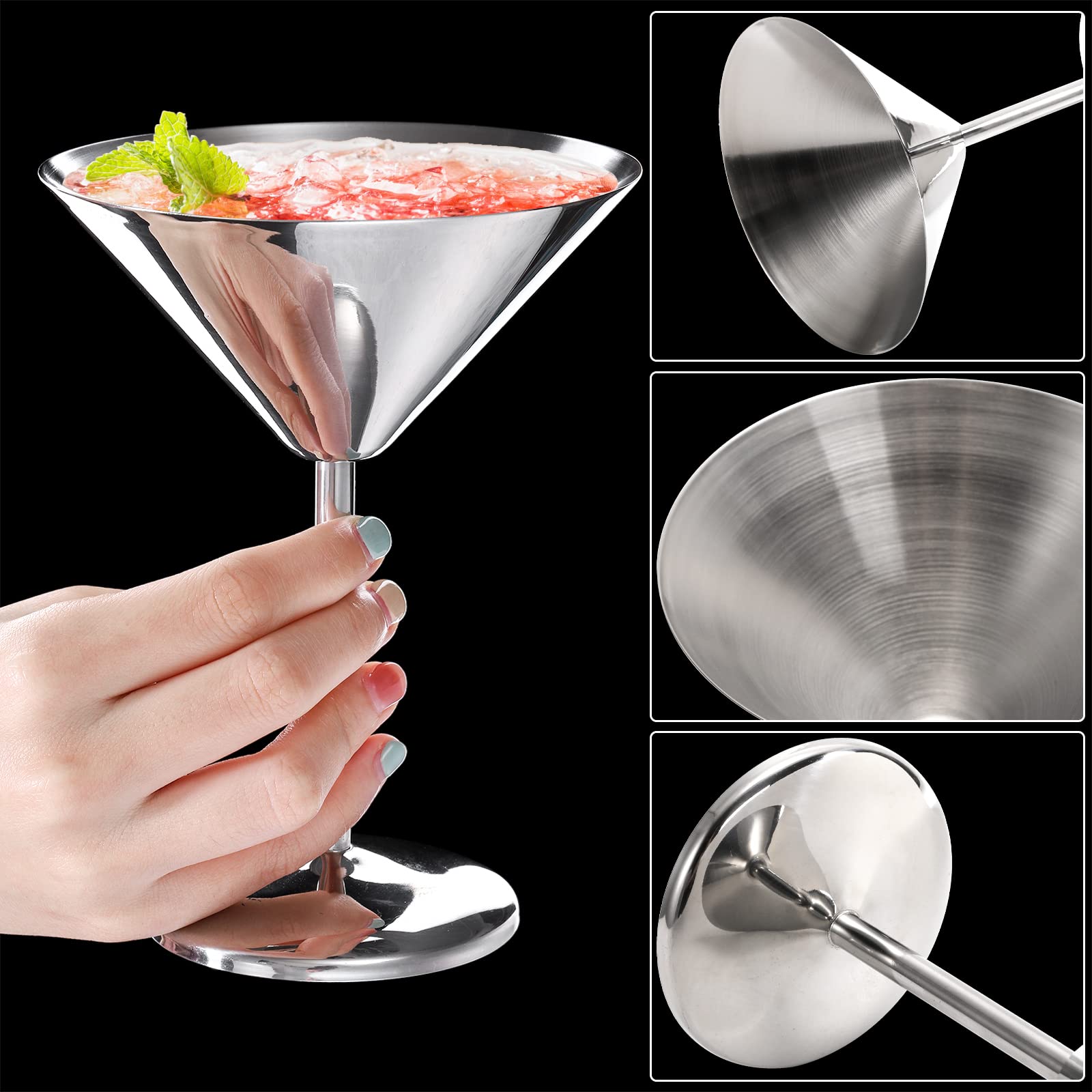 Peohud 4 Pack Stainless Steel Martini Glasses, 8 Oz Unbreakable Cocktail Glasses for Margarita, Manhattan, Champagne, Bar, Party, 18/8 Mirror Polished Finish, Shatterproof