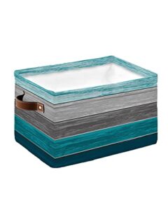 teal wood board grey gradient stripes storage bins with handles, barn gray blue green ombre storage basket for shelves, cube storage organizer bins for toys, closet (1 pack, 15" x 11" x 9.5")