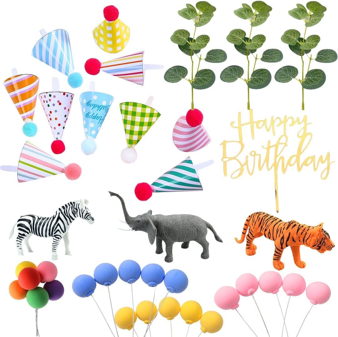 Safari Jungle Cake Toppers Animal Party Decorations Elephants, Tigers, and Zebras with Mini Birthday Party Hat Color Balloons Cake Toppers Happy Birthday Cake Toppers (3 Animal)