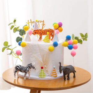 Safari Jungle Cake Toppers Animal Party Decorations Elephants, Tigers, and Zebras with Mini Birthday Party Hat Color Balloons Cake Toppers Happy Birthday Cake Toppers (3 Animal)