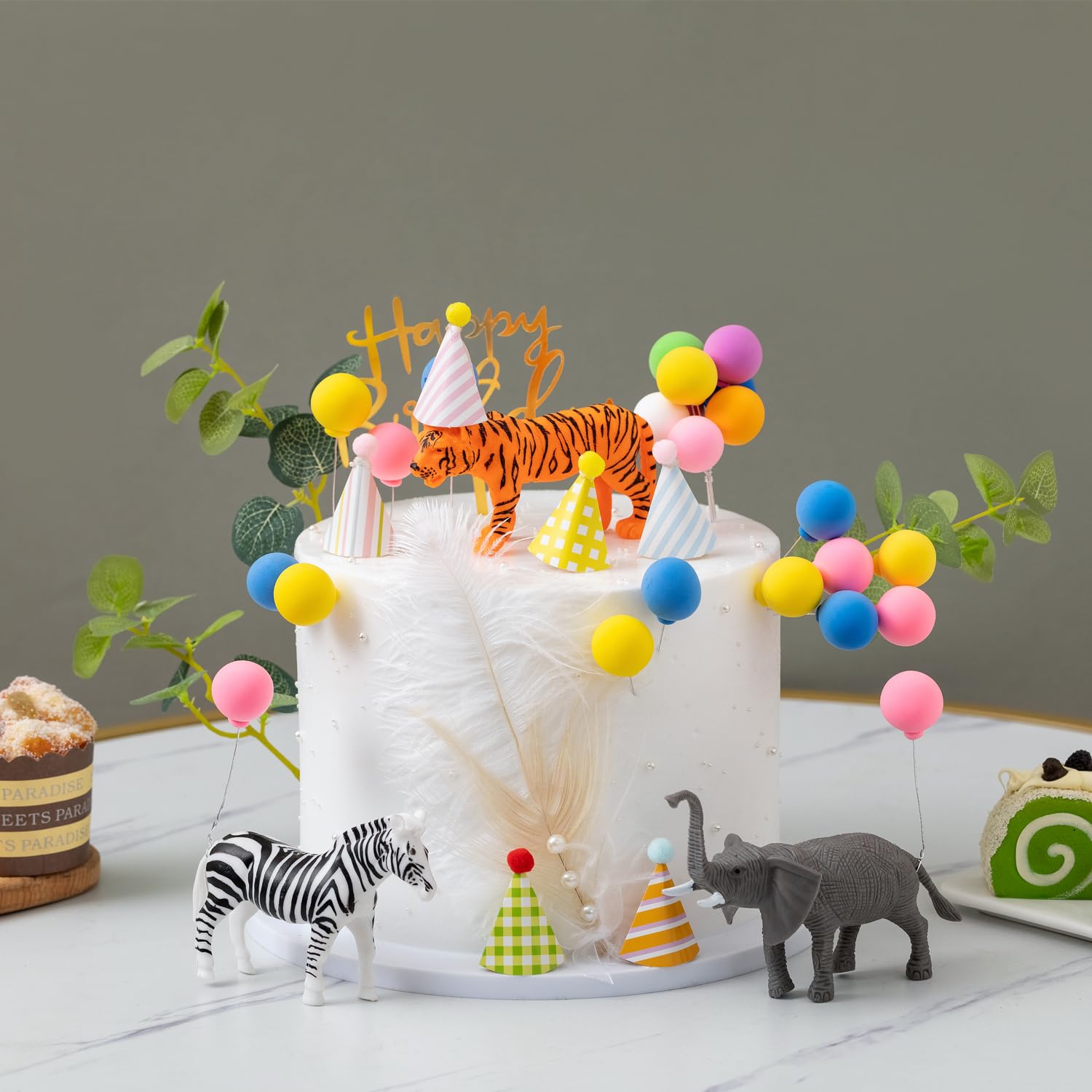 Safari Jungle Cake Toppers Animal Party Decorations Elephants, Tigers, and Zebras with Mini Birthday Party Hat Color Balloons Cake Toppers Happy Birthday Cake Toppers (3 Animal)