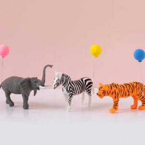 Safari Jungle Cake Toppers Animal Party Decorations Elephants, Tigers, and Zebras with Mini Birthday Party Hat Color Balloons Cake Toppers Happy Birthday Cake Toppers (3 Animal)