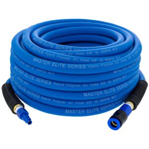 master elite series 50-foot hybrid polymer air hose with 1/4" npt male ends - universal aluminum quick coupler and plug - hd lightweight super strong & flexible 3/8" id - spray gun air tool compressor