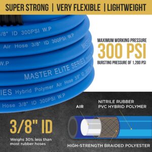 Master Elite Series 50-Foot Hybrid Polymer Air Hose with 1/4" NPT Male Ends - Universal Aluminum Quick Coupler and Plug - HD Lightweight Super Strong & Flexible 3/8" ID - Spray Gun Air Tool Compressor