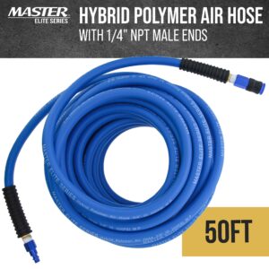 Master Elite Series 50-Foot Hybrid Polymer Air Hose with 1/4" NPT Male Ends - Universal Aluminum Quick Coupler and Plug - HD Lightweight Super Strong & Flexible 3/8" ID - Spray Gun Air Tool Compressor