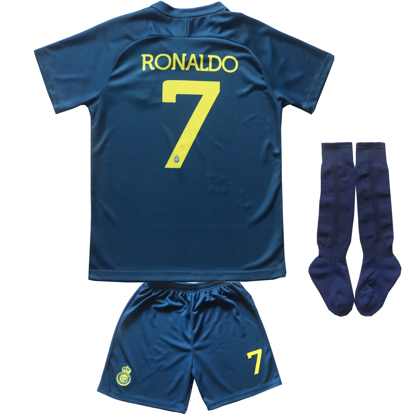 LeenBD Ronaldo No #7 Away Nassr Riyadh Al Kids Soccer Jersey Kit Shorts Socks Set Youth Sizes (Blue, 2-3 Years Old)