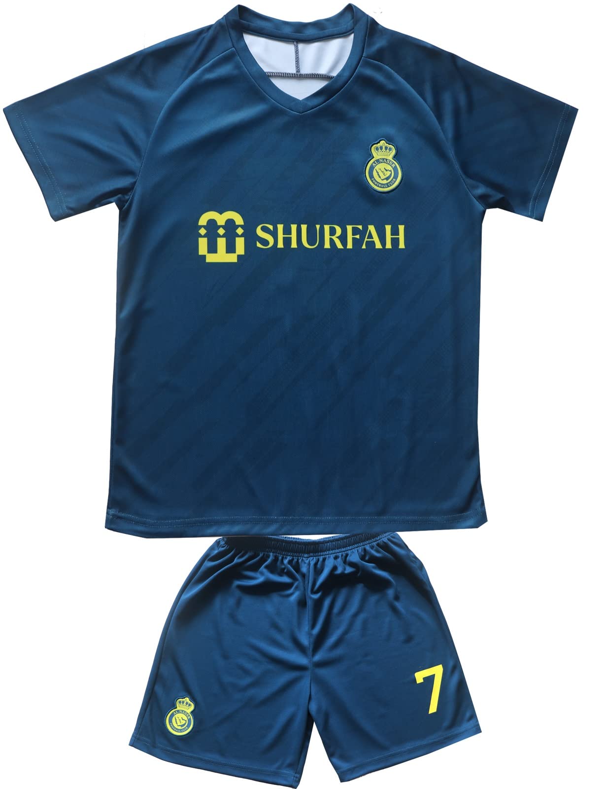 LeenBD Ronaldo No #7 Away Nassr Riyadh Al Kids Soccer Jersey Kit Shorts Socks Set Youth Sizes (Blue, 2-3 Years Old)