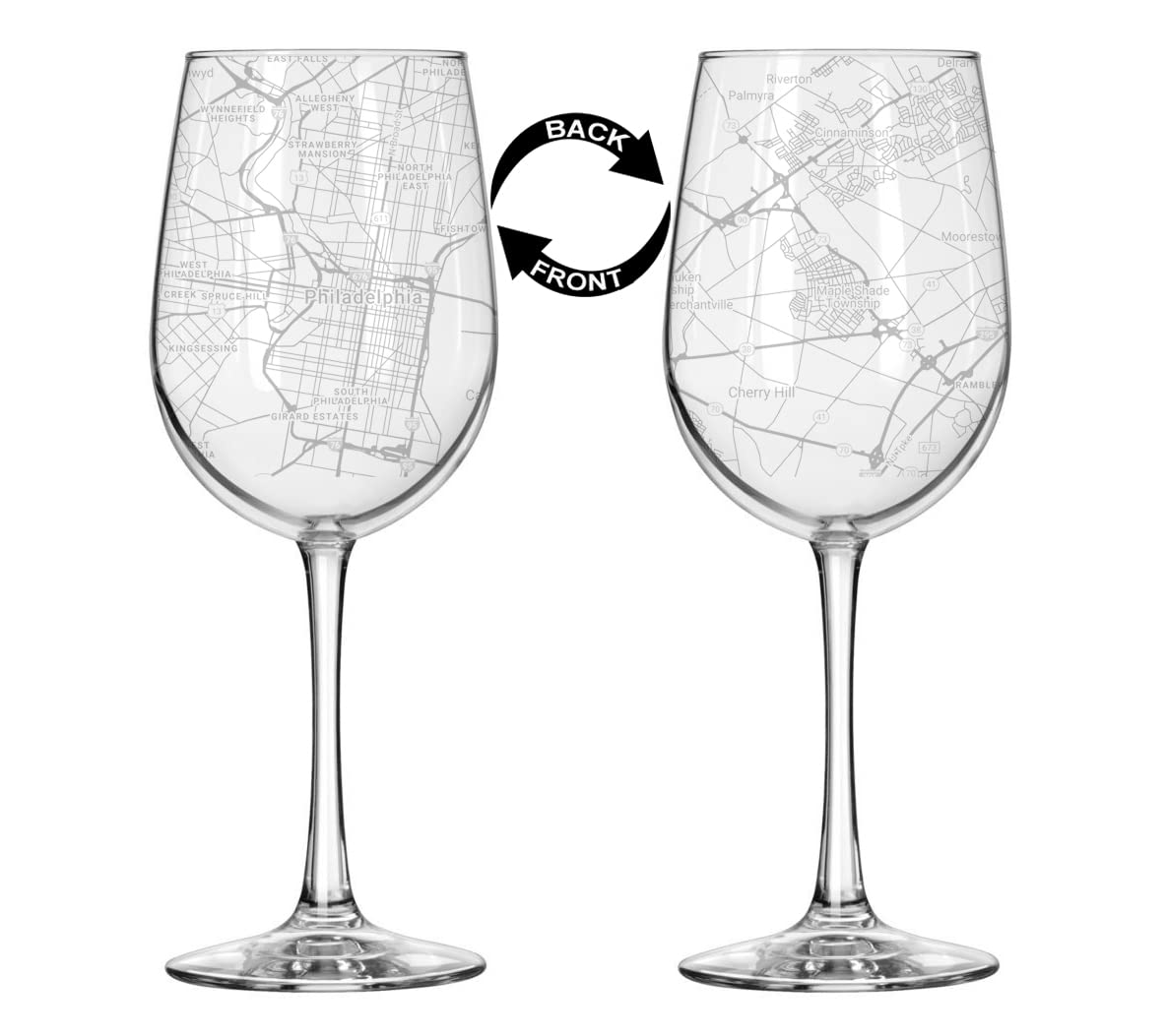 16 oz Tall Stemmed Wine Glass for Red or White Wine Wrap Around City Map Philadelphia, PA Pennsylvania